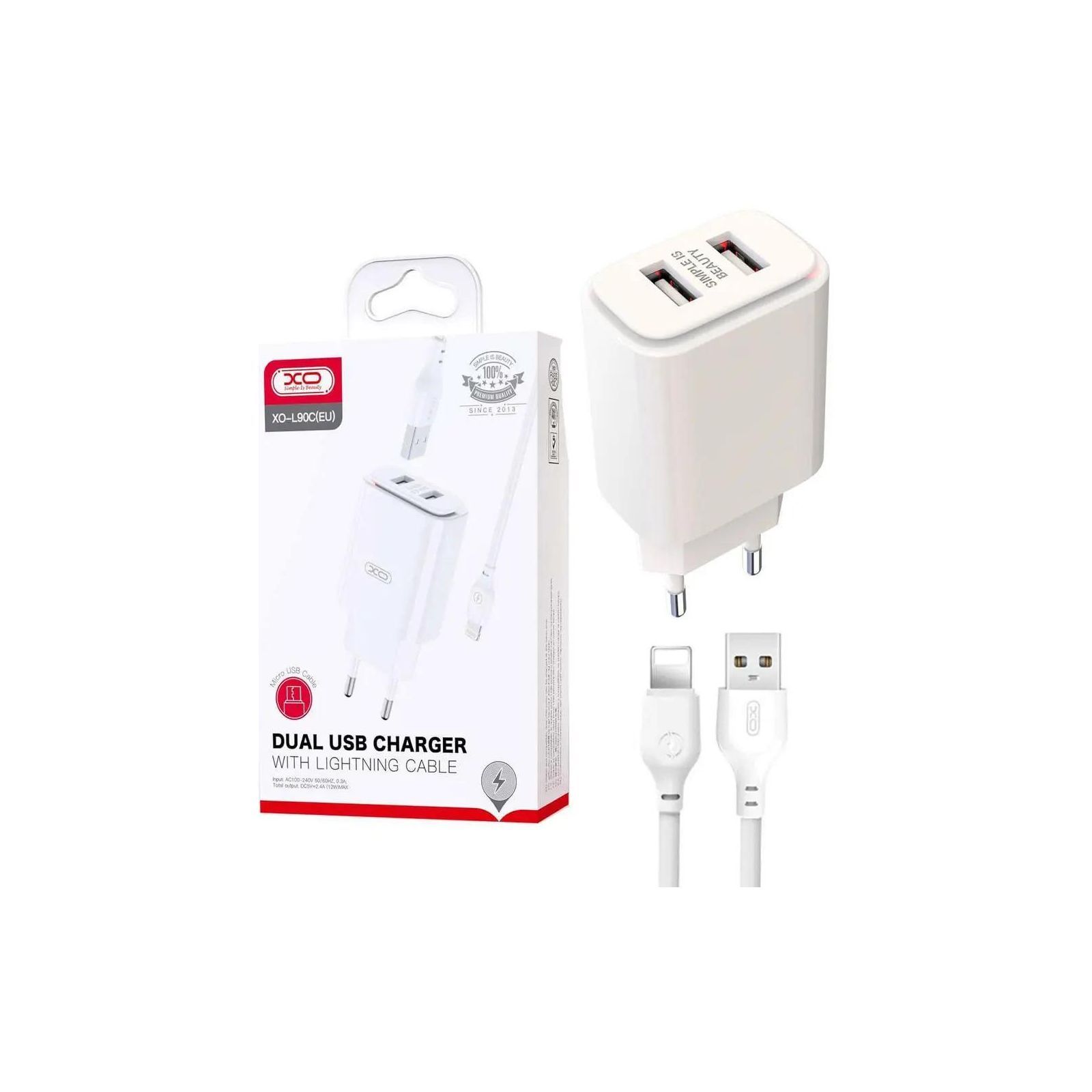 Зарядний пристрій XO L90C (2USB/2.4A) + USB - Lightning White (XO-L90C-L)ціни в Києві та Українi ...